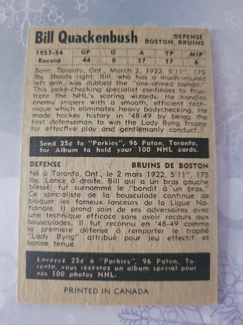 VINTAGE 1954-55 PARKHURST Boston Bruins Bill Quackenbush Ex+++ Rare ...