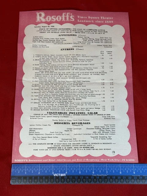VINTAGE CA 1940S Restaurant Menu - ROSOFF'S TIMES SQUARE THEATRE - New ...