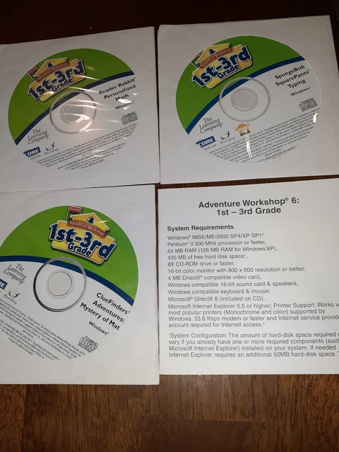 ADVENTURE WORKSHOP 1ST-3RD Grade CD-ROM 3-Discs RR Math, Cluefinders ...