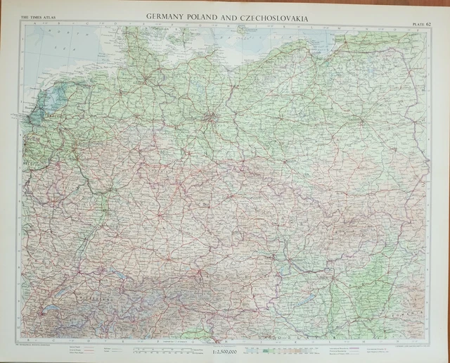 1955 LARGE MAP Germany Poland Czechoslovakia Berlin Leipzig Budapest ...