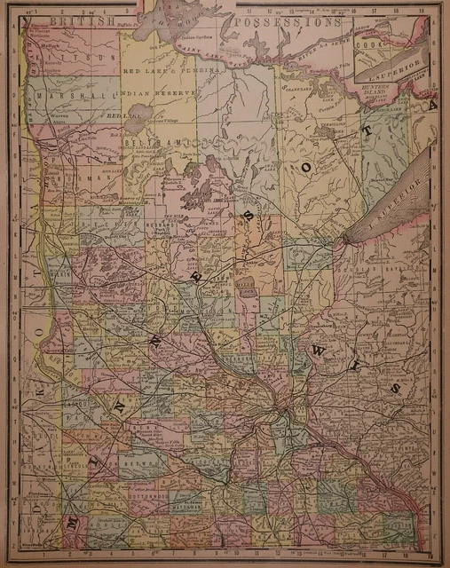 OLD 1890 R McNally Atlas Railroad & Indian Reservation Map ~ MINNESOTA ...
