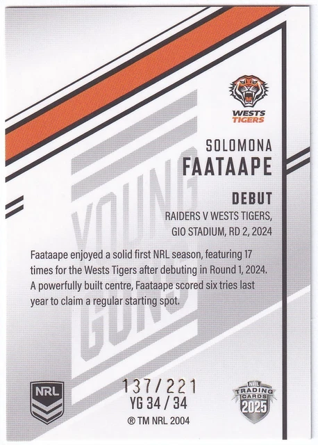 2025 NRL ELITE 'Young Guns White' Yg34 Solomona Faataape #218/221 ...