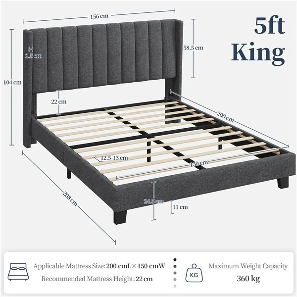 KING UPHOLSTERED BED Frame with Wing Side & Headboard, No Box Spring ...