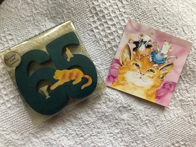 VINTAGE CAROL LEITH England Monkey Puzzle 65th Birthday 3D Wood Cut Cat ...