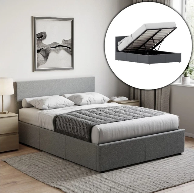 4FT6 DOUBLE OTTOMAN Frame Gas Lift up Sorage Bed Light Grey Linen FAST ...