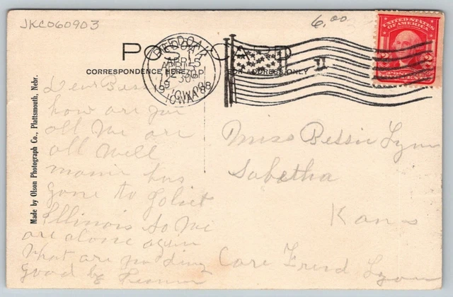 RED OAK IOWA~TREE-LINED Path Through City Park~Bench~House at End~1908 ...