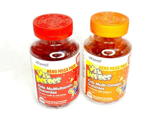 2 X 120 Vitawell Vit Heroes Kids Multivitamin / Multi-Omega Gummies 3 ...