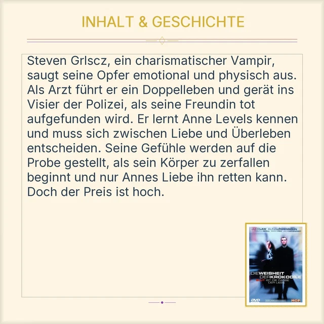 DIE WEISHEIT DER Krokodile DVD Jude Law Thriller Romantische Spannung ...