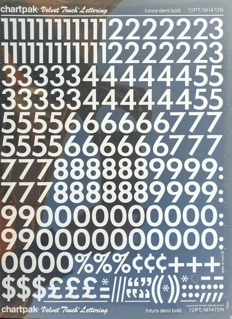 WHITE FUTURA DEMI BOLD numbers 72pt (19mm) CHARTPAK Dry Rub On Transfer ...