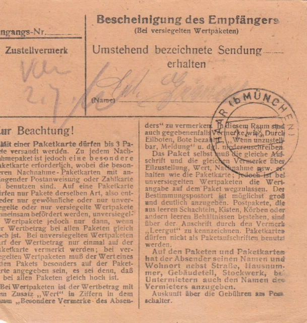 BIZONE PAKETKARTE 1948: Söllhuben über Rosenheim nach Eglfing-Haar EUR ...