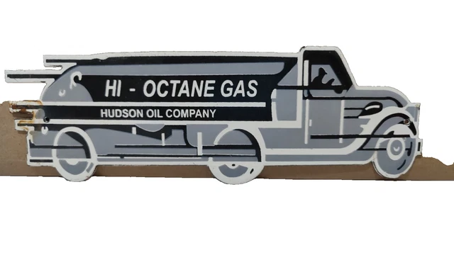 VINTAGE HI-OCTANE GAS Hudson Oil co Truck Porcelain Enamel Sign 12" x 4 ...