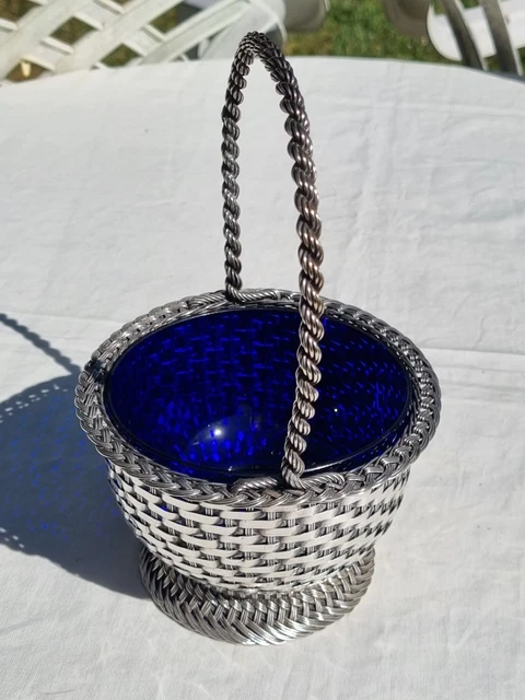 ANCIENNE BONBONNIÈRE EN Métal Argenté Tressé Bol Intérieur Bleu Cobalt ...