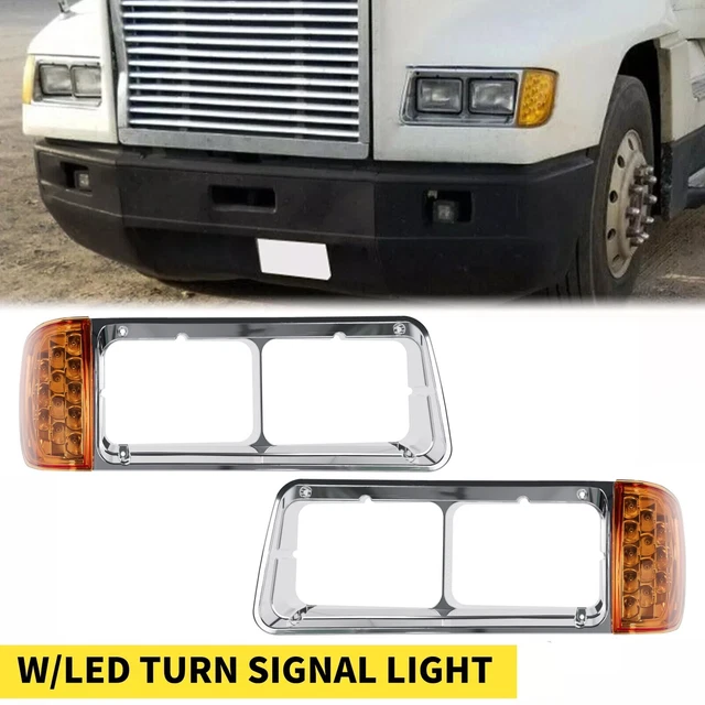 FIT FOR FREIGHTLINER FLD120 Headlight Bezel w/ LED Turn Signal Corner ...