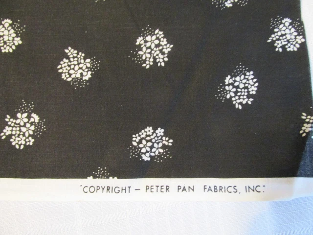 VINTAGE PETER PAN Cotton Fabric Black with White Flowers 44" x 2 yards ...