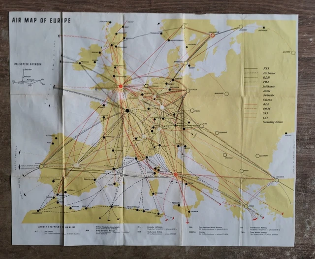 VINTAGE ROUTE MAP Of Europe, PAA, KLM, BEA, BOAC, Air France Etc 1950s ...