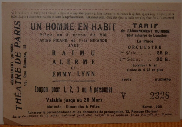 ANCIEN TICKET SPECTACLE Saison 1930-1931 Théâtre de Paris Un Homme en ...