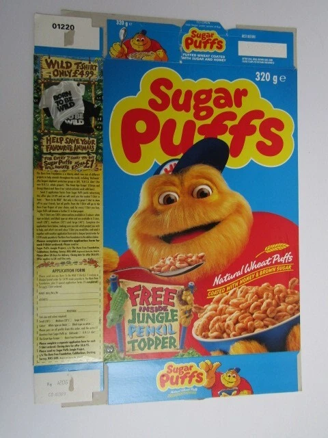 QUAKER SUGAR PUFFS 1994 Cereal Box Jungle Pencil Topper 320g Box only £ ...