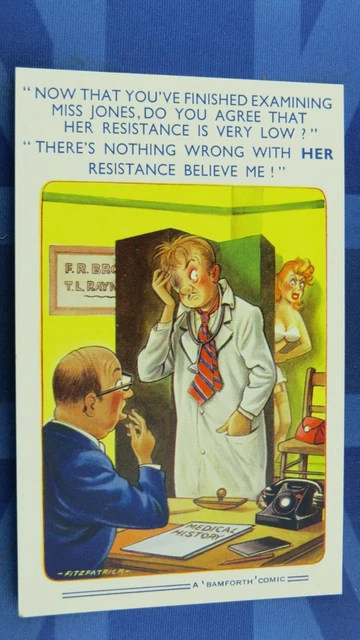 Saucy Bamforth Comic Postcard 1950s Big Boobs Nylons Stockings Doctor