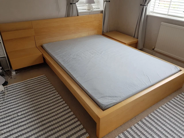 IKEA MALM LOW Double Bed + Mattress + Foating Bedside Table + Ottoman £ ...