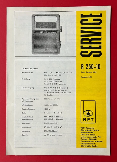 DDR RFT SERVICE Anleitung VEB Stern Radio Berlin 1975 Stern Contura ...