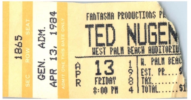 VINTAGE TED NUGENT Ticket Stub April 13 1984 West Palm Beach Florida ...