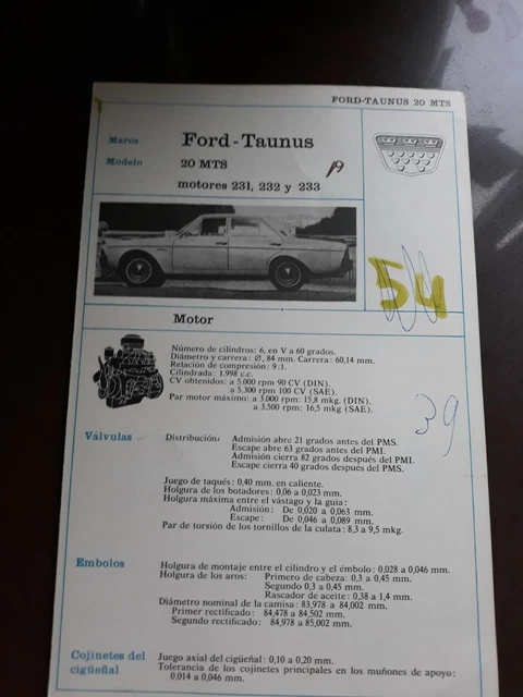 FORD TAUNUS 20 MTS Ficha Técnica DE MECANICA Reparación Workshop ...