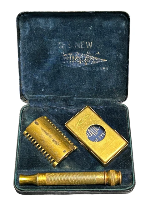 ANTIQUE VTG THE New Gillette Gold Tone Safety Razor Deco Set 19230 W ...