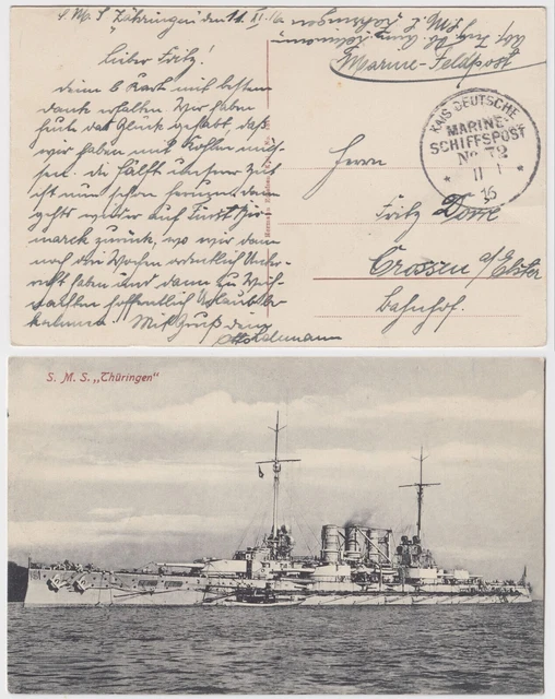 AK GROSSLINIENSCHIFF SMS Thüringen 1916 Marine-Schiffspost Nr. 72 SMS Zähringen EUR 15,00 ...