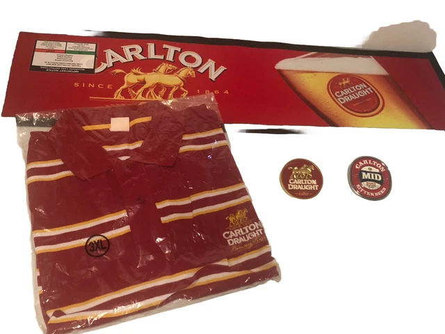 CARLTON DRAUGHT BEER Bar Mat, Draught & Mid Tap Badges & 3XL Red Shirt ...