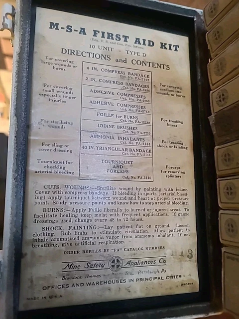 ANTIQUE MSA MINE Safety Appliances First Aid Kit Type D 10 Unit ...