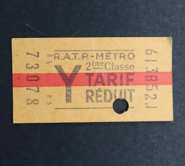 ANCIEN TICKET PARIS métro RATP 1967 Y Tarif réduit 73078 Metropolitain ...