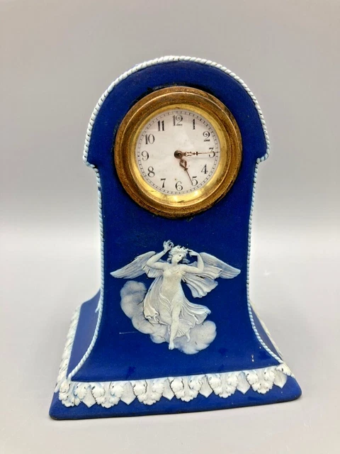 ANTIQUE WEDGWOOD DARK Blue & White Jasperware Desk Clock Mantle Clock £ ...