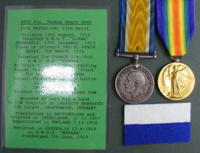 ORIGINAL AUSTRALIAN MEDAL Pair: WW1 BWM/Victory, Bray, 16 Bn AIF WIA ...