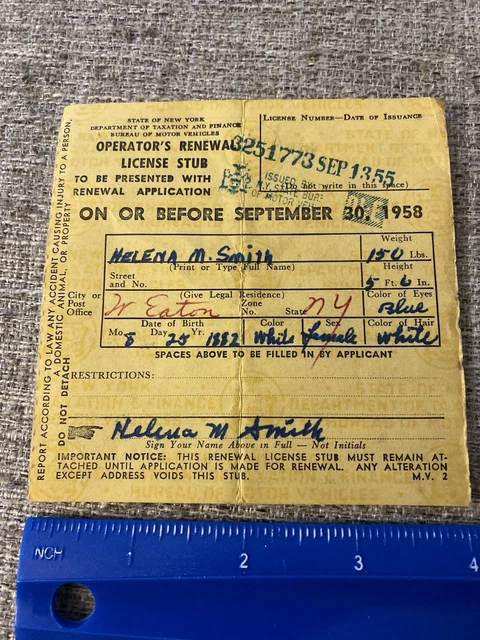 VINTAGE 1958 NEW York State Operators Drivers License DMV Yellow Paper ...