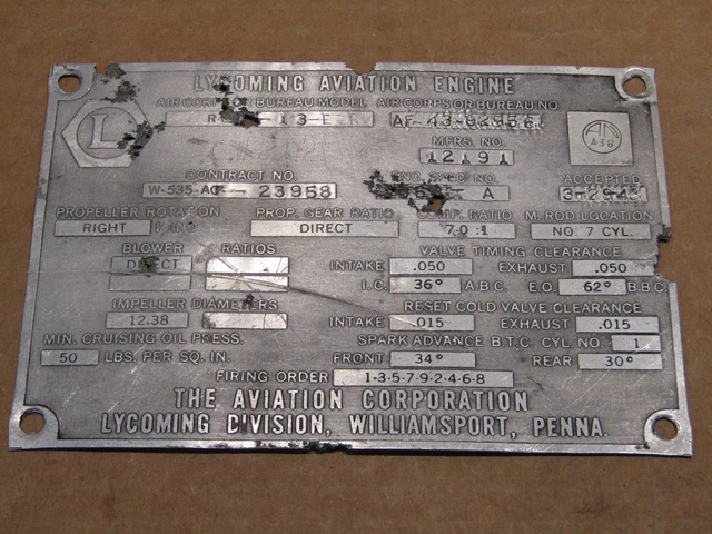 WW2 ERA AIRCRAFT Engine Data Plate Wright Aero USAF Cyclone Double Row ...