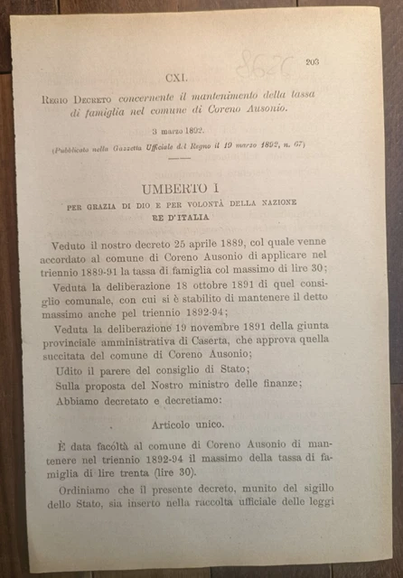 CORENO AUSONIO 1892 Regio Decreto in Tassa di Famiglia -8626 EUR 16,47 ...