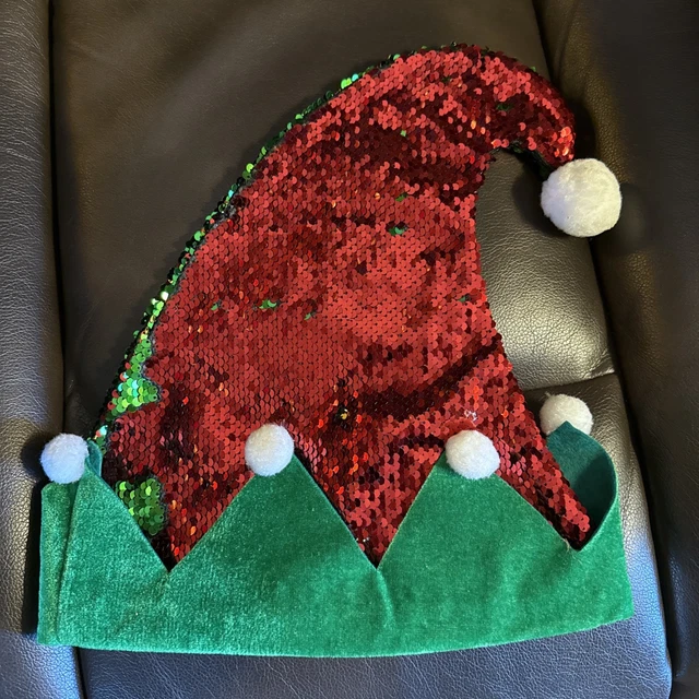 CHRISTMAS HOLIDAY RED Green Glittery Sequins Gold Bell Santa Elf Hat ...