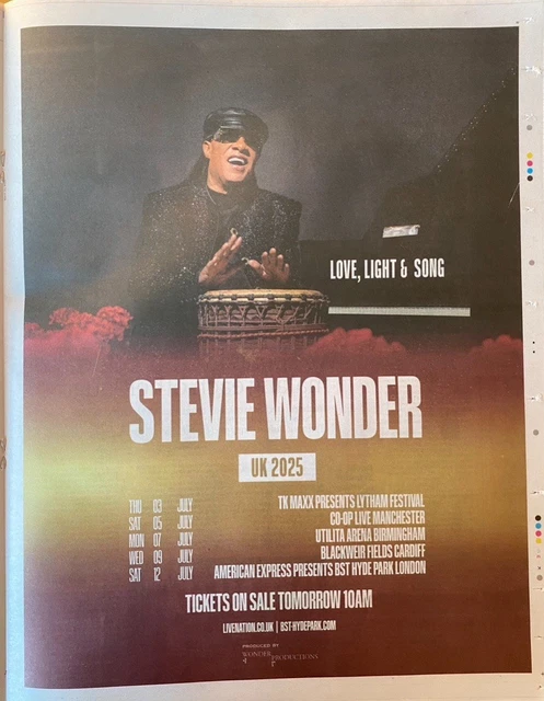 STEVIE WONDER LIVE Tour Dates Ad 2025 Original News Advert Poster Large ...