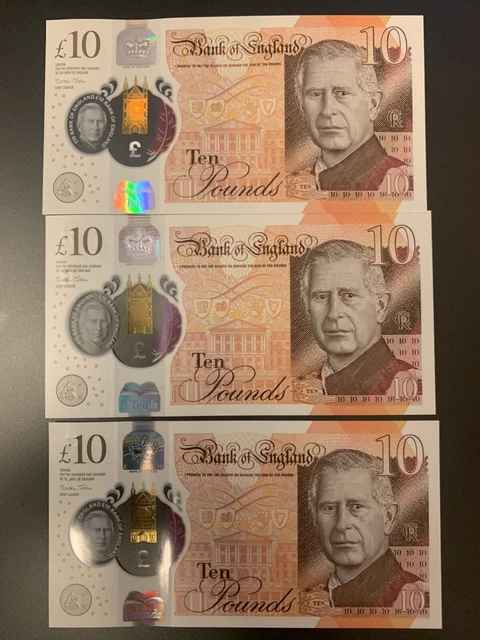 NEW KING CHARLES III Uncirculated £10 HB04 Banknotes x 3 Consecutive ...