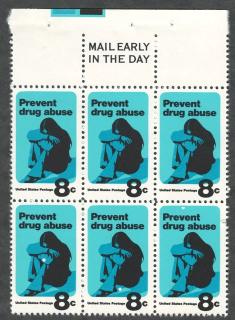 US. 1438. 8C. Prevent Drug Abuse Issue. "Mail Early..." Block of 6. MNH ...