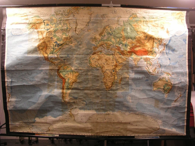 WALL MAP PHYSICAL World Map Earth Germany 1955 Produced 210x145 Vintage ...