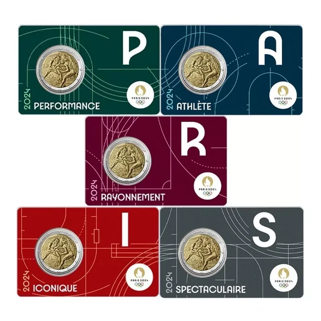 2 EUROS COMMEMORATIVES Jeux Olympiques Paris 2024** -5 Coincards : P- A- R- I- S EUR 50,00 ...