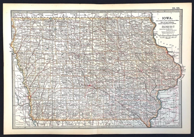 MAP IOWA STATE shows county lines litho colour by Ben Eli Smith 1901 ...