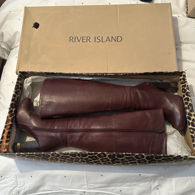 RIVER ISLAND LEATHER Boots UK 5 Eur 36 Womens Pull on Dark Red Boots ...