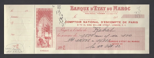 MOROCCO CHEQUE SPECIMEN Of "Banque D'etat Du Maroc" Circa 1932 £19.03 ...