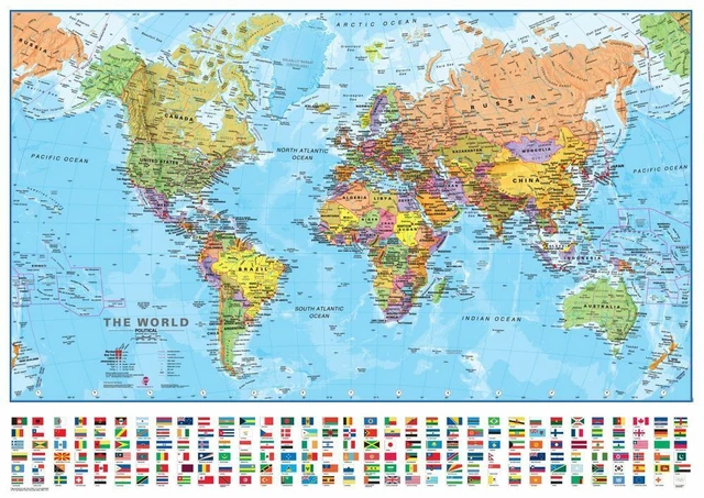 MODERN WORLD GEOGRAPHIC Map with National Flags CANVAS PRINT poster 24 ...
