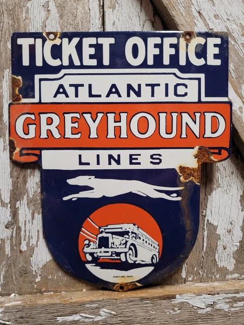 VINTAGE GREYHOUND PORCELAIN Sign Atlantic Bus Ticket Train Line Dog ...