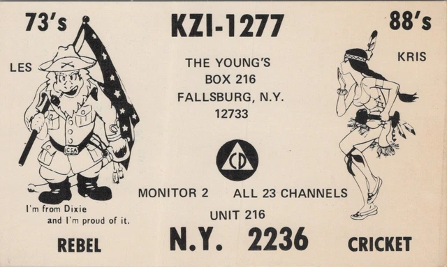 VINTAGE CB RADIO QSL postcard comic Les Kris Young 1970s Fallsburg New ...