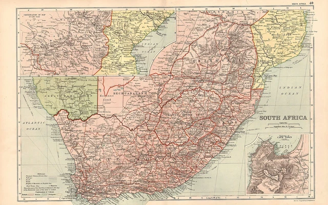 1911 VICTORIAN MAP ~ South Africa ~ Cape Colony Bechuanaland Environs ...