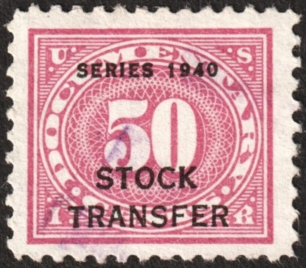 SCOTT#RD52 US/USA 1940 overprint stock transfer revenue stamp handstamp ...